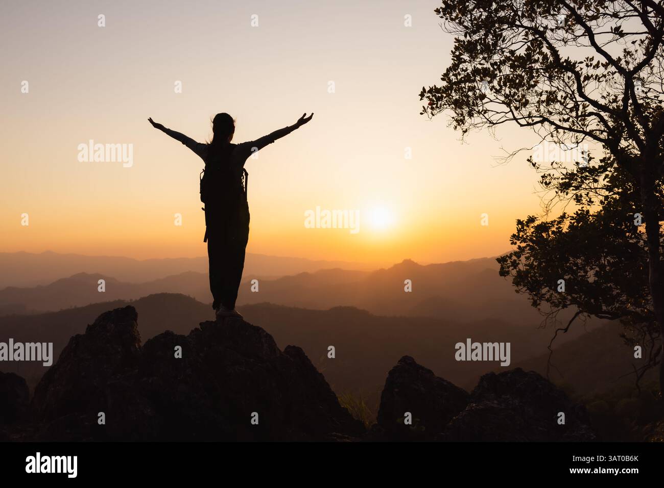Woman climber success silhouette in mountains, achievement inspiration ...