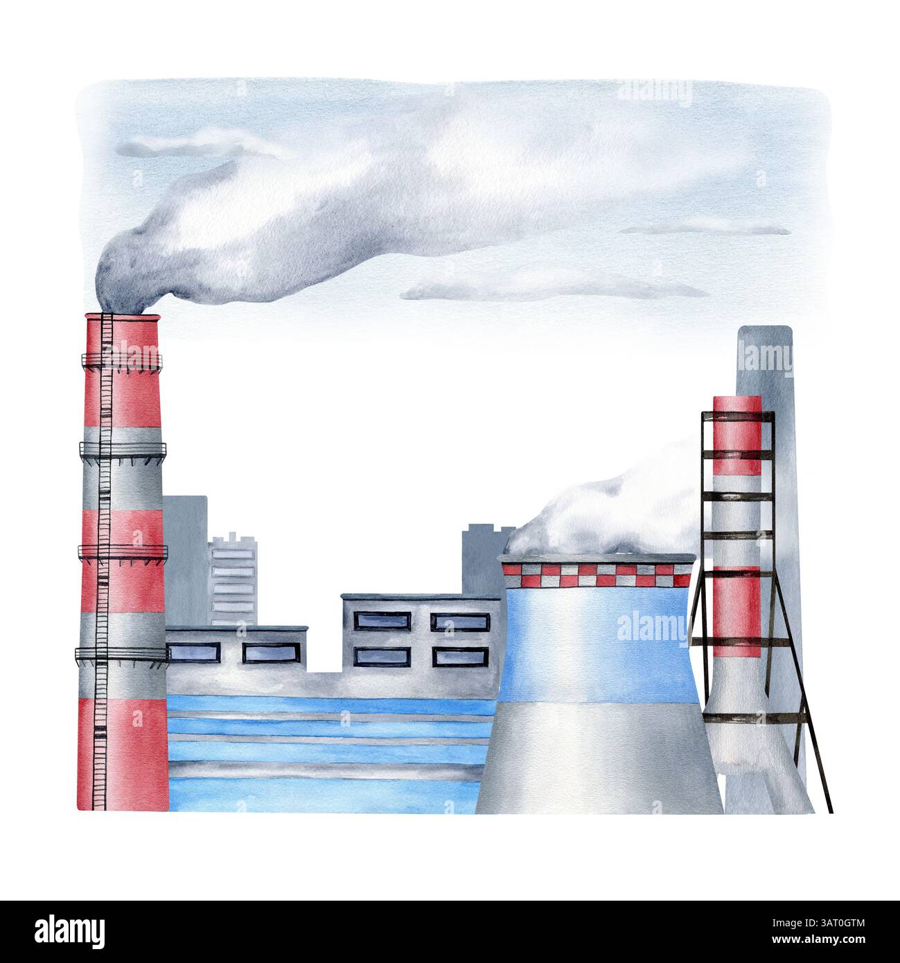 Industrial city factories, Smoke stack watercolor isolated on white ...