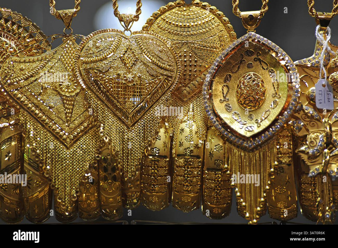 Gold jewellery at the gold market, Gold Souk, Al Ras, Deira, Old Town ...