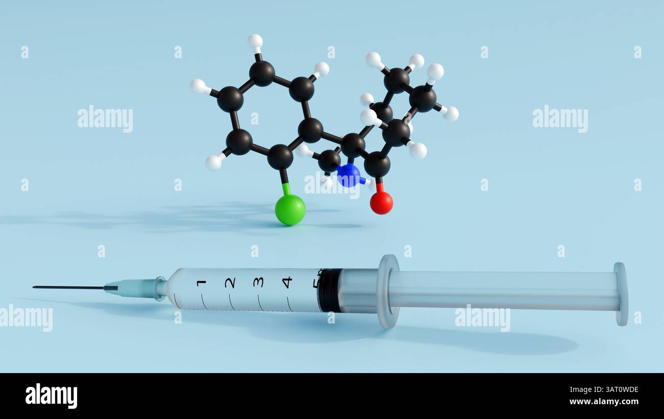 A 3d rendering of molecular model of ketamine alongside clear liquid ...