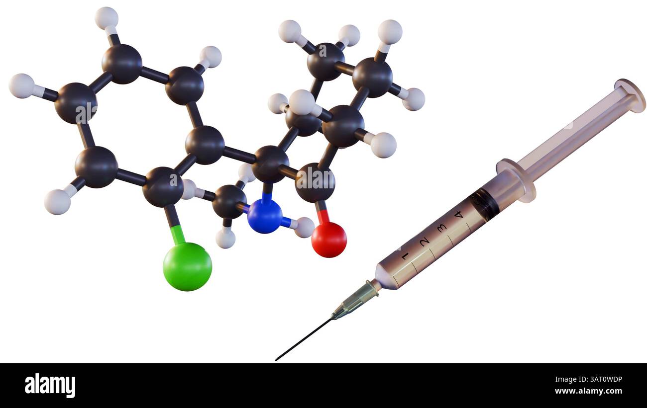 A 3d rendering of molecular model of ketamine alongside clear liquid ...
