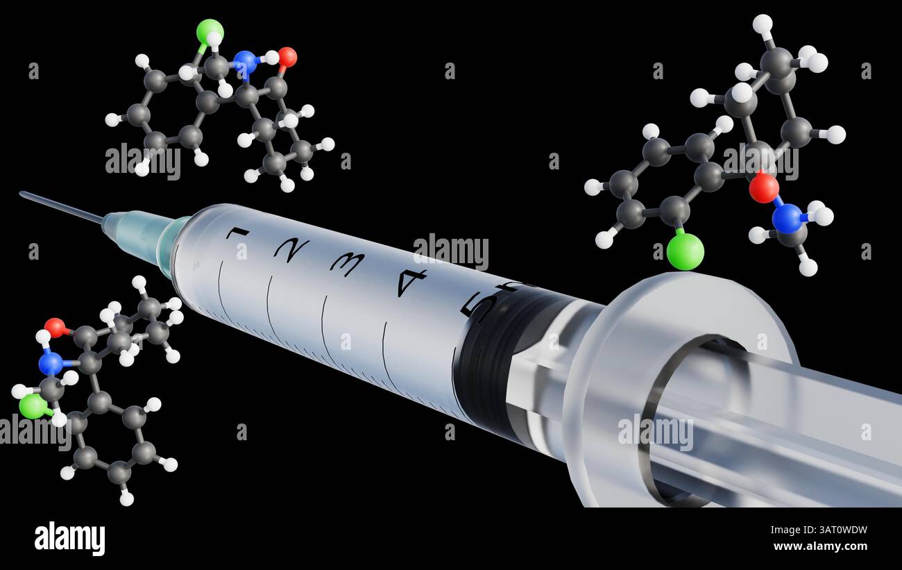 A 3d rendering of molecular model of ketamine alongside clear liquid ...