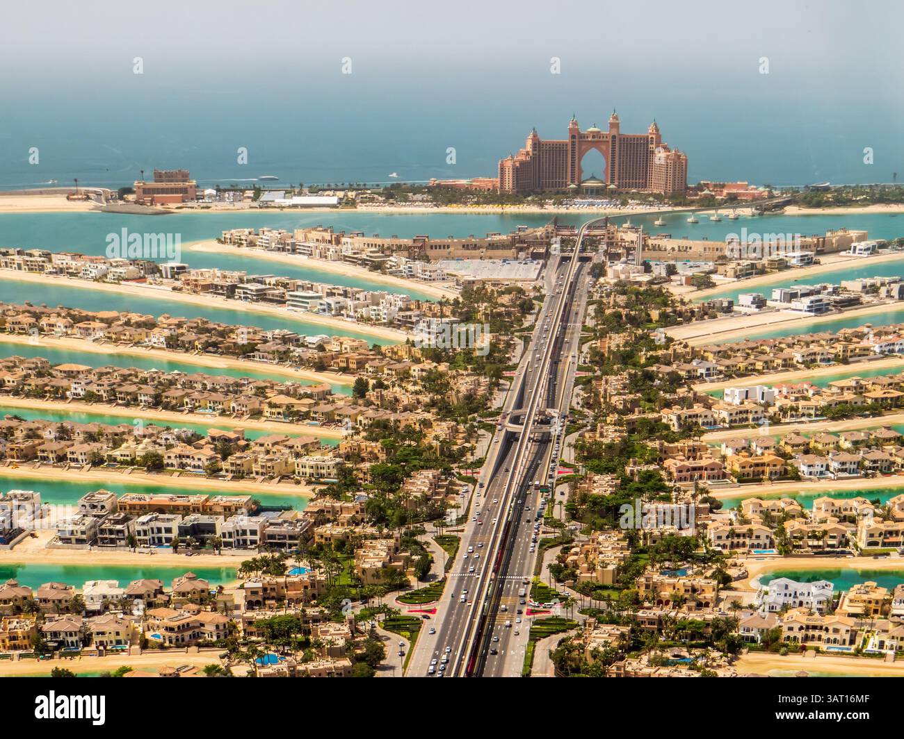 DUBAI, UAE. View on artificial island Palm Jumeirah and Atlantis hotel ...