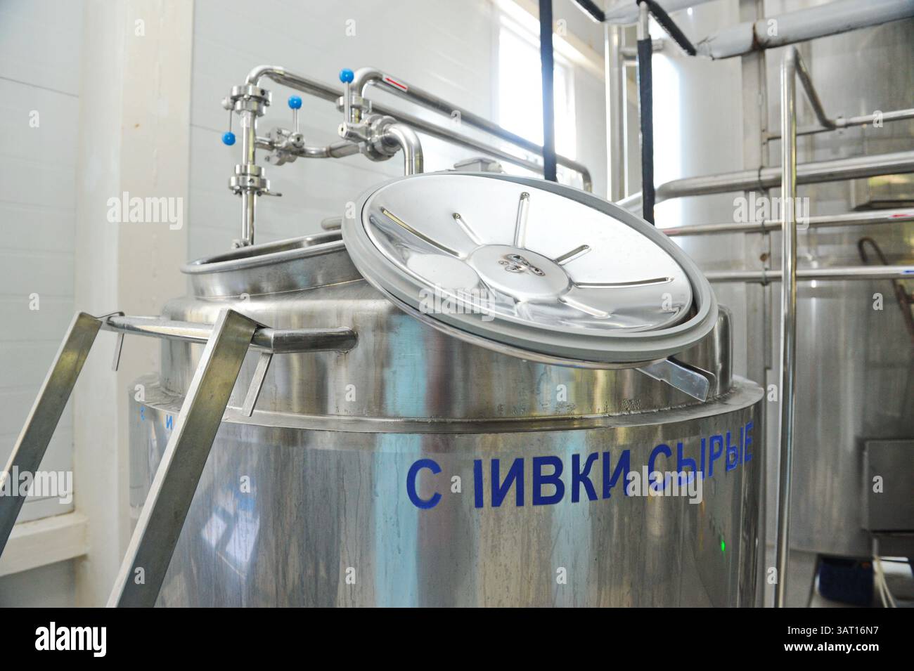 Pipes for processing and pasteurization of milk at the factory Stock ...