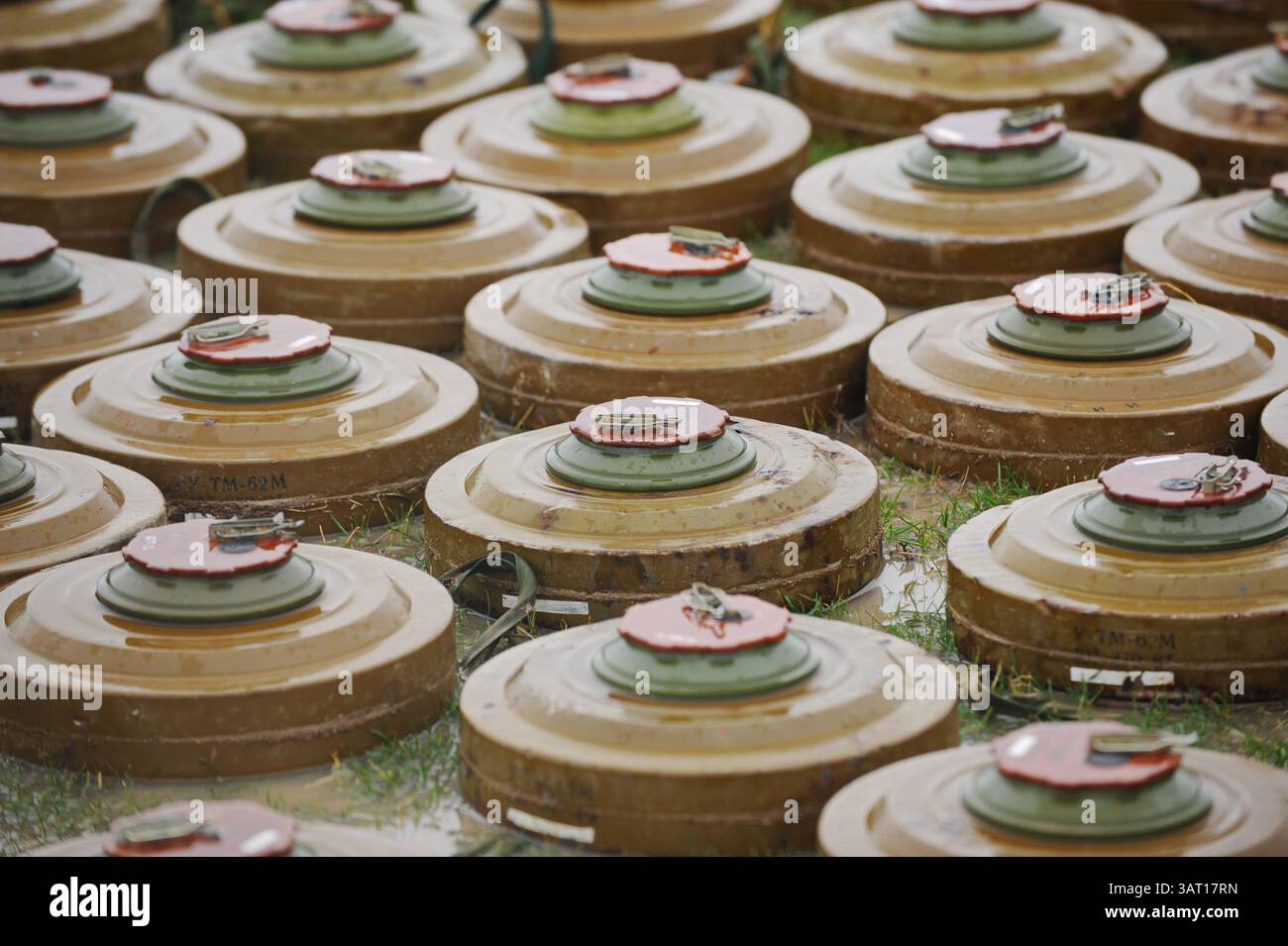 The mines are assembled in one row. Military exercises Stock Photo - Alamy