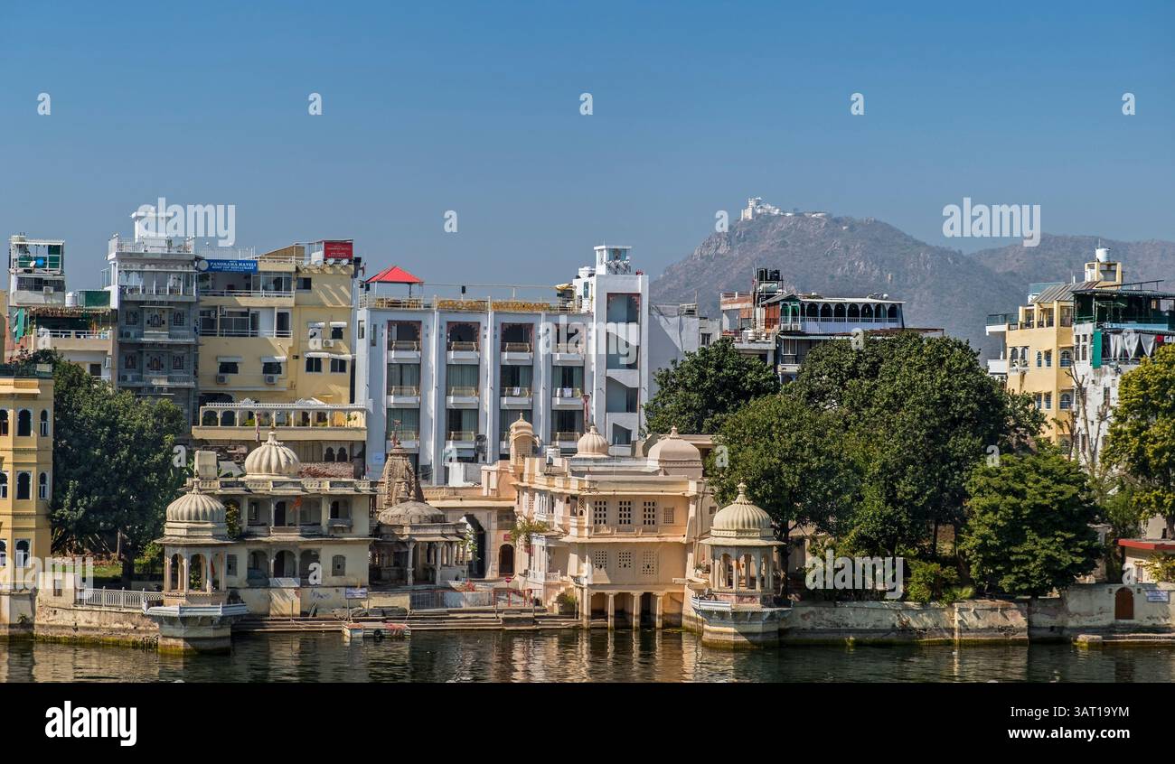 View to Hanuman Ghat Lake Pichola Monsoon Palace on distant hill ...