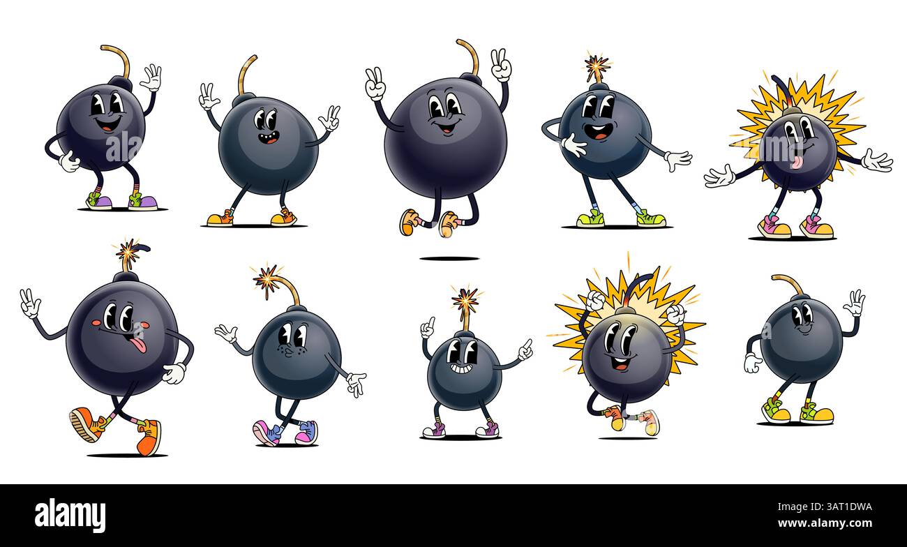 Groovy bomb characters of retro round black boom emojis with burning ...