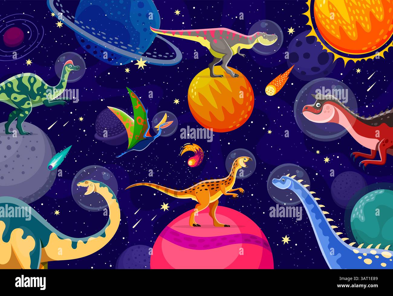 Dinosaur astronaut characters on alien space planets in galaxy, cartoon ...