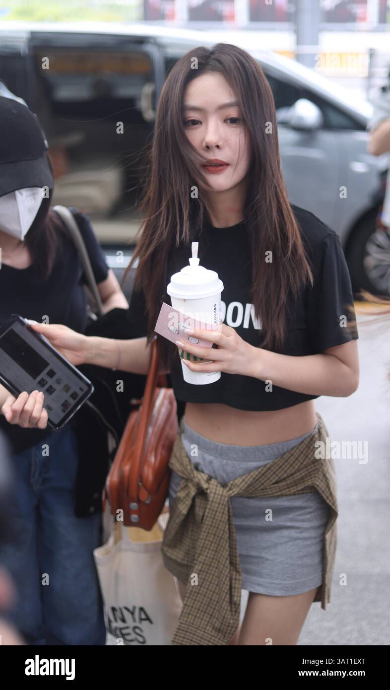 Chinese actress Cai Wenjing appears at the airport in Shanghai, China, 17 April, 2025 Stock ...