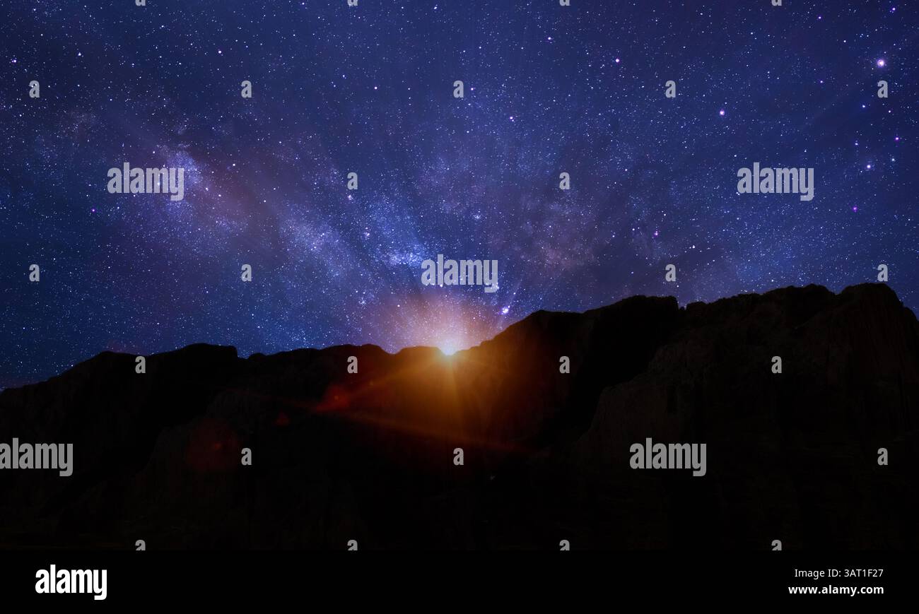 Beautiful night landscape, Bright Milky Way galaxy over the mountains ...