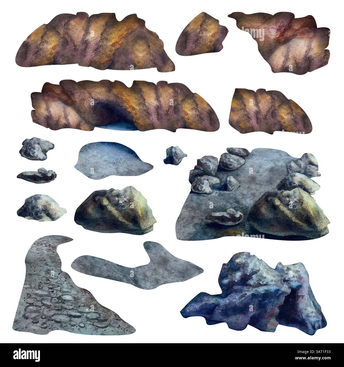 Watercolor illustration of various rocky elements, caves, boulders ...