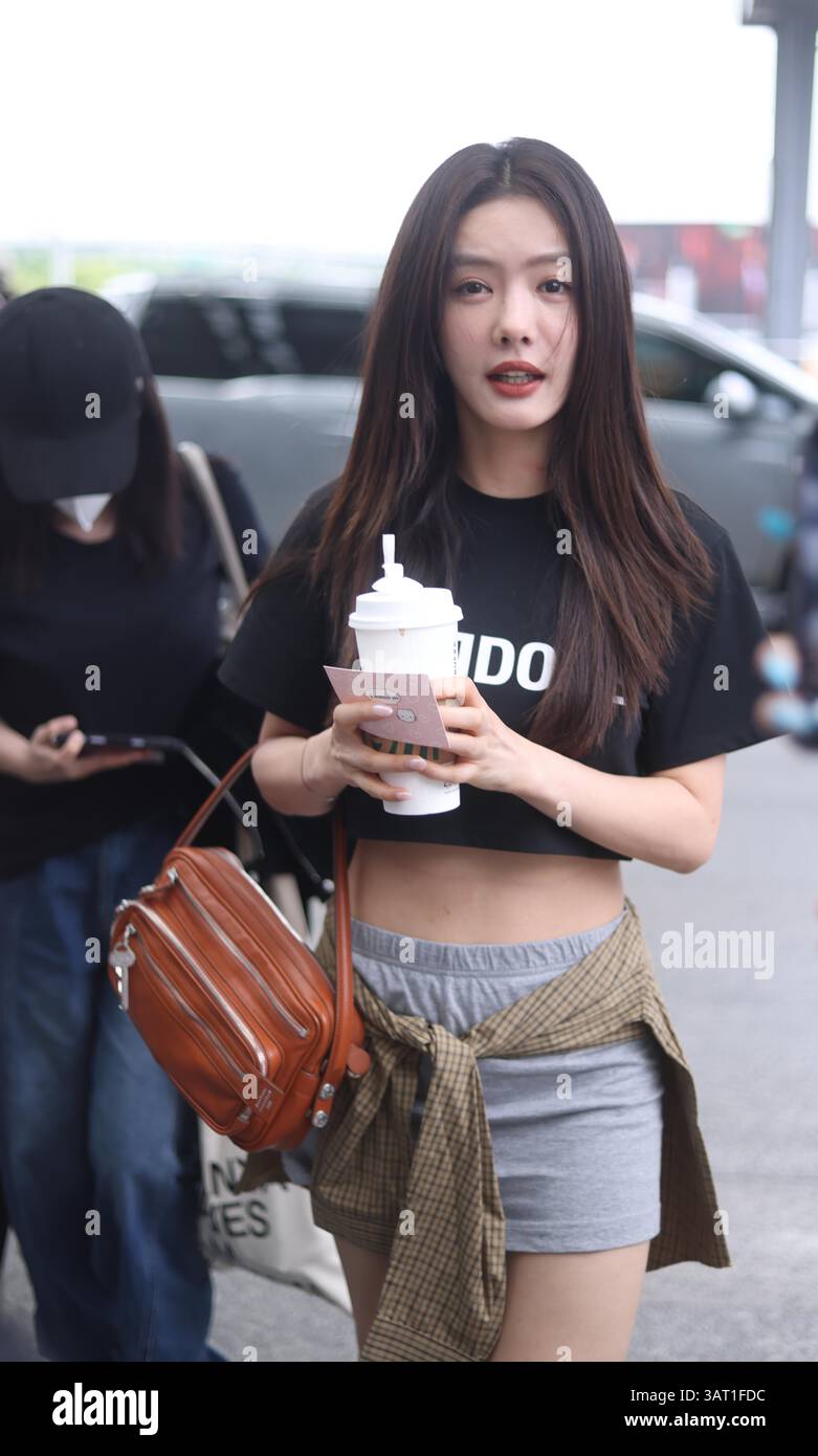 Chinese actress Cai Wenjing appears at the airport in Shanghai, China, 17 April, 2025 Stock ...
