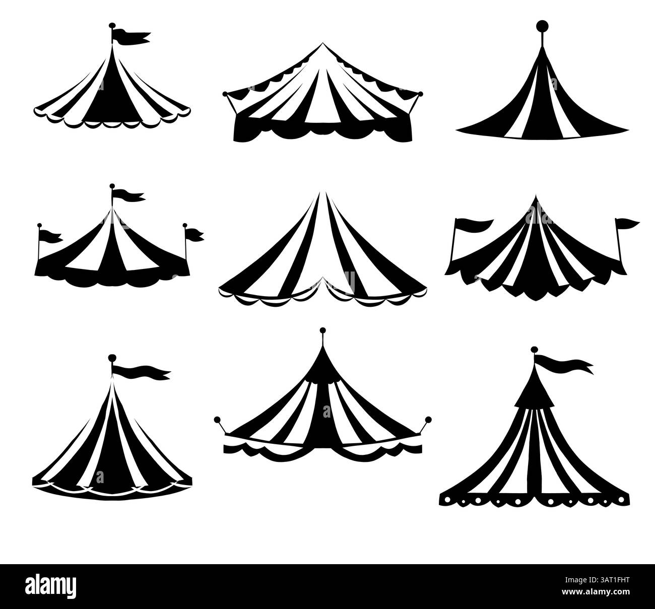Vector set of black silhouette roof of circus vintage tents with flags ...