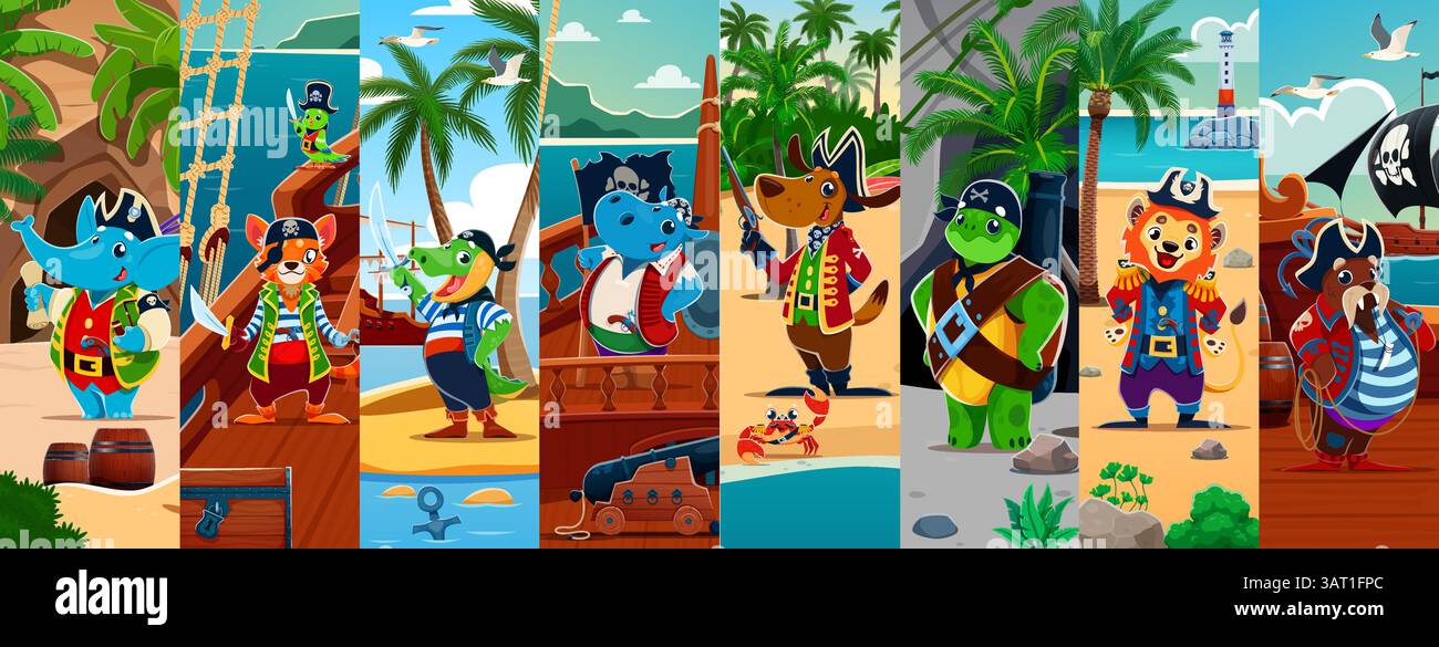 Cartoon animal pirate and corsair characters collage at treasure island ...