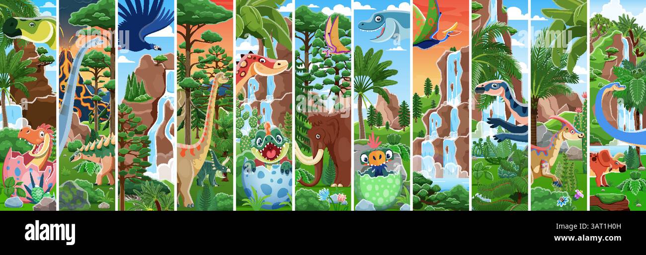 Prehistoric dinosaurs and baby dino characters in eggs vector collage ...