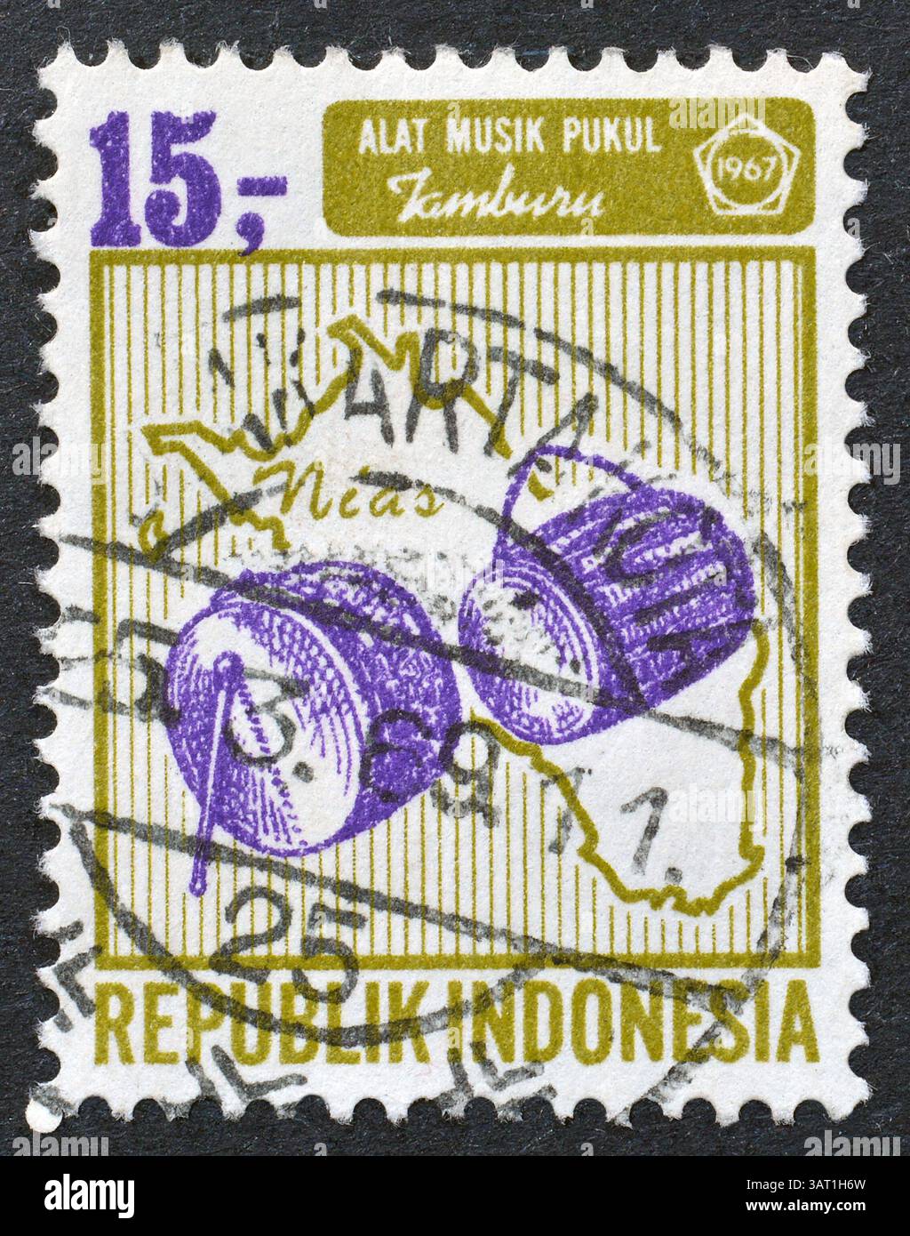Cancelled postage stamp printed by Indonesia, that shows Musical ...