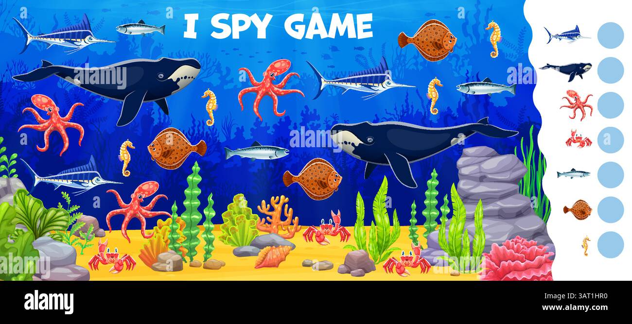I spy game worksheet with cartoon sea animals in underwater, vector ...
