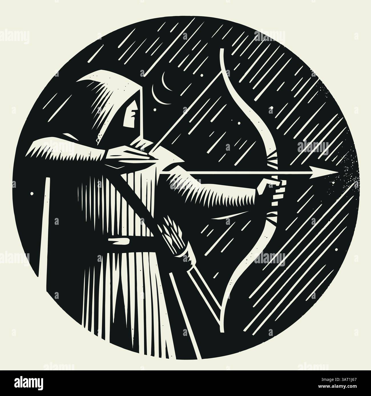 Mystic Archer at Night. A hooded archer aims under a starry sky ...