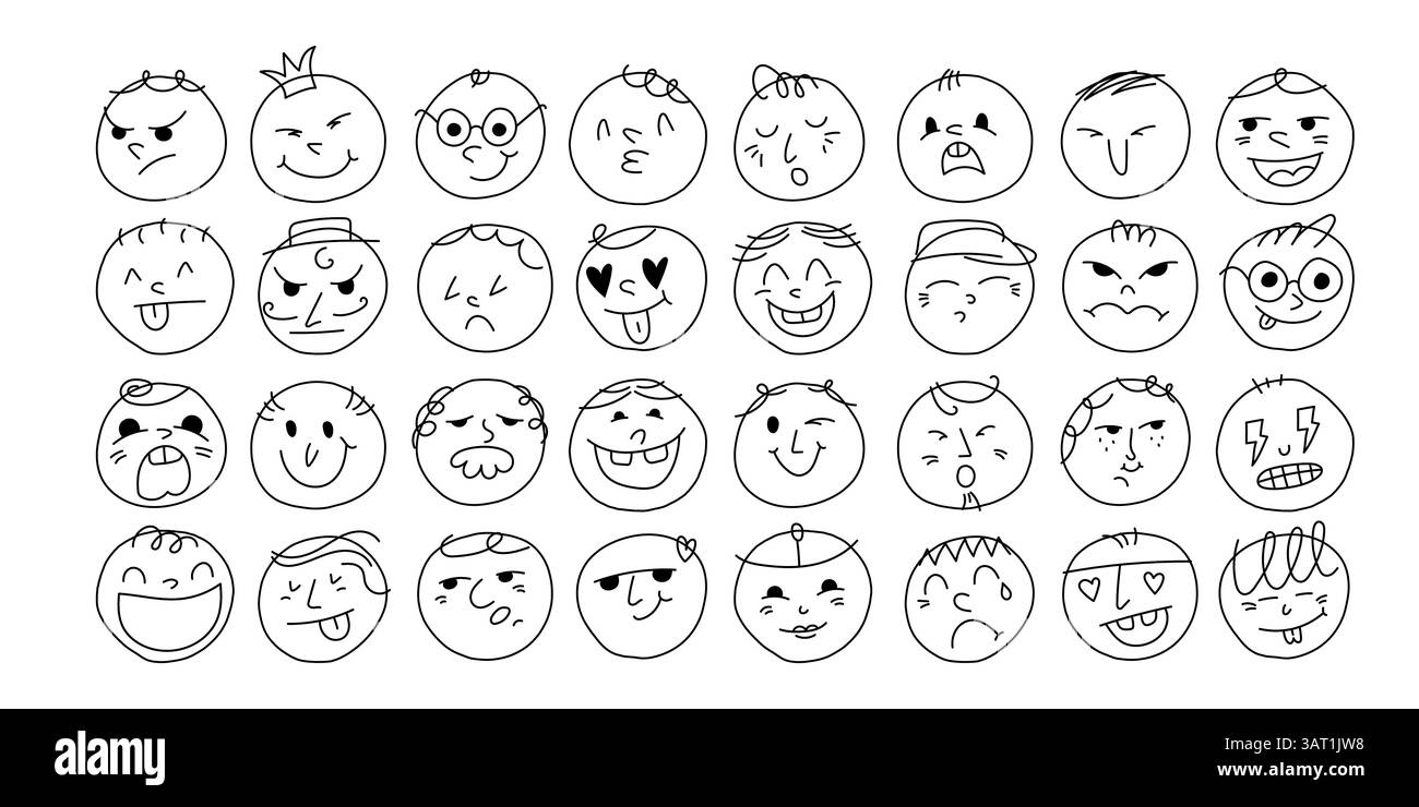 Icons of faces with different moods of emotions, happy, sad, smiling faces in doodle style Stock ...