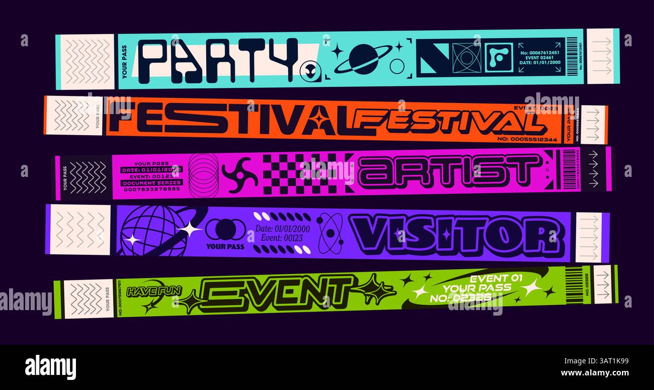 Festival ticket, 2k event party bracelet pass. Realistic 3d vector set ...
