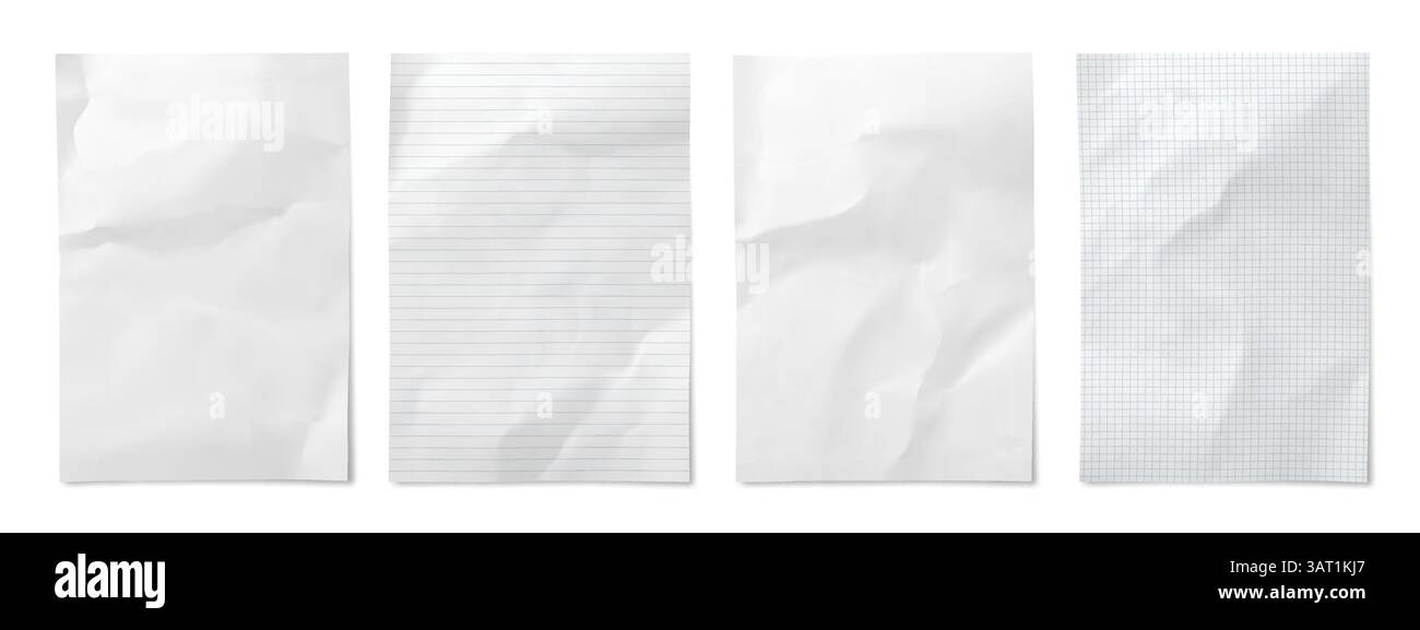 Crumbled folded wrinkle paper sheets. Set of realistic 3d vector blank ...