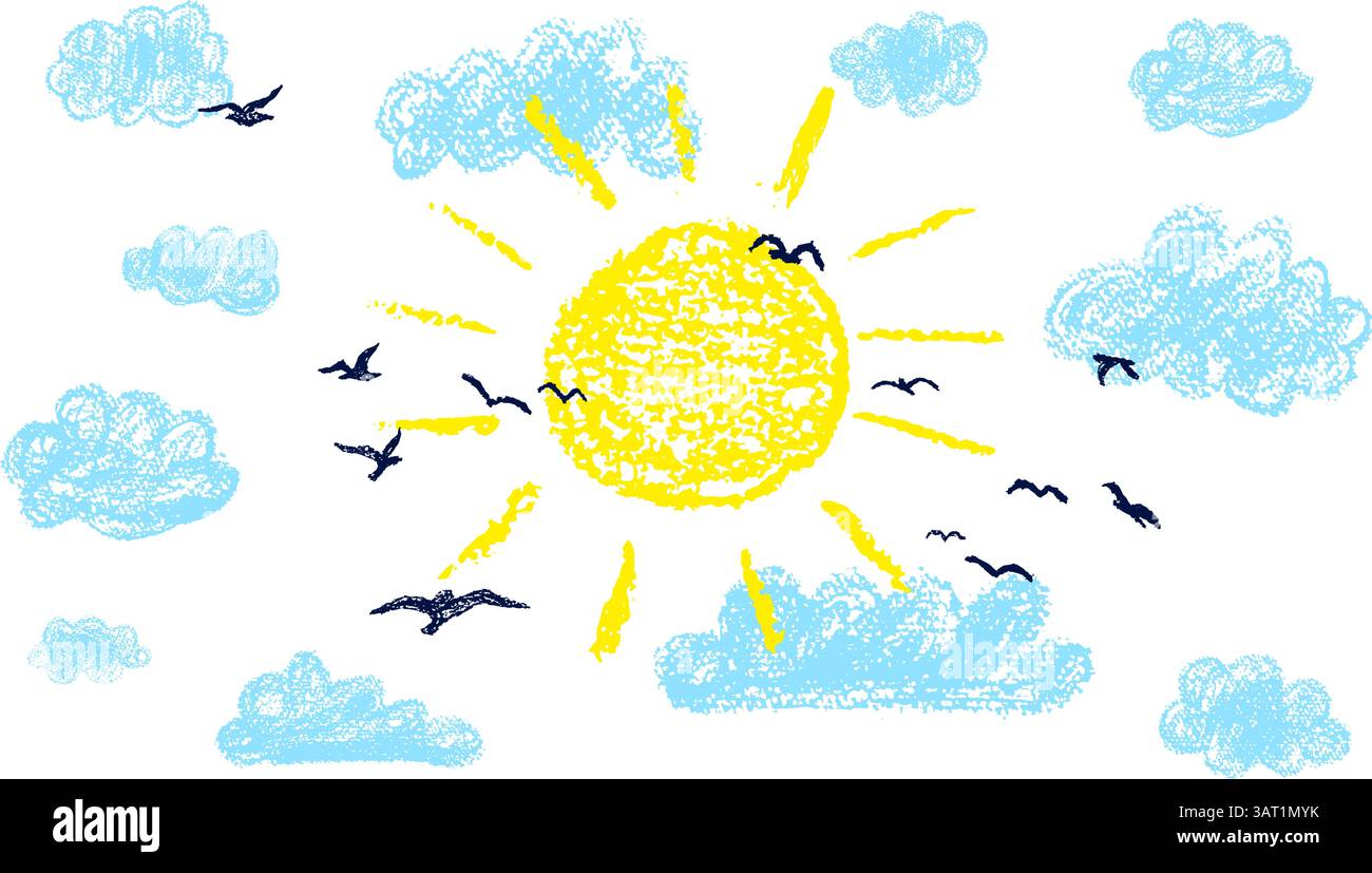 Bright sun with rays. Sunny sky and silhouette of a flock of birds ...