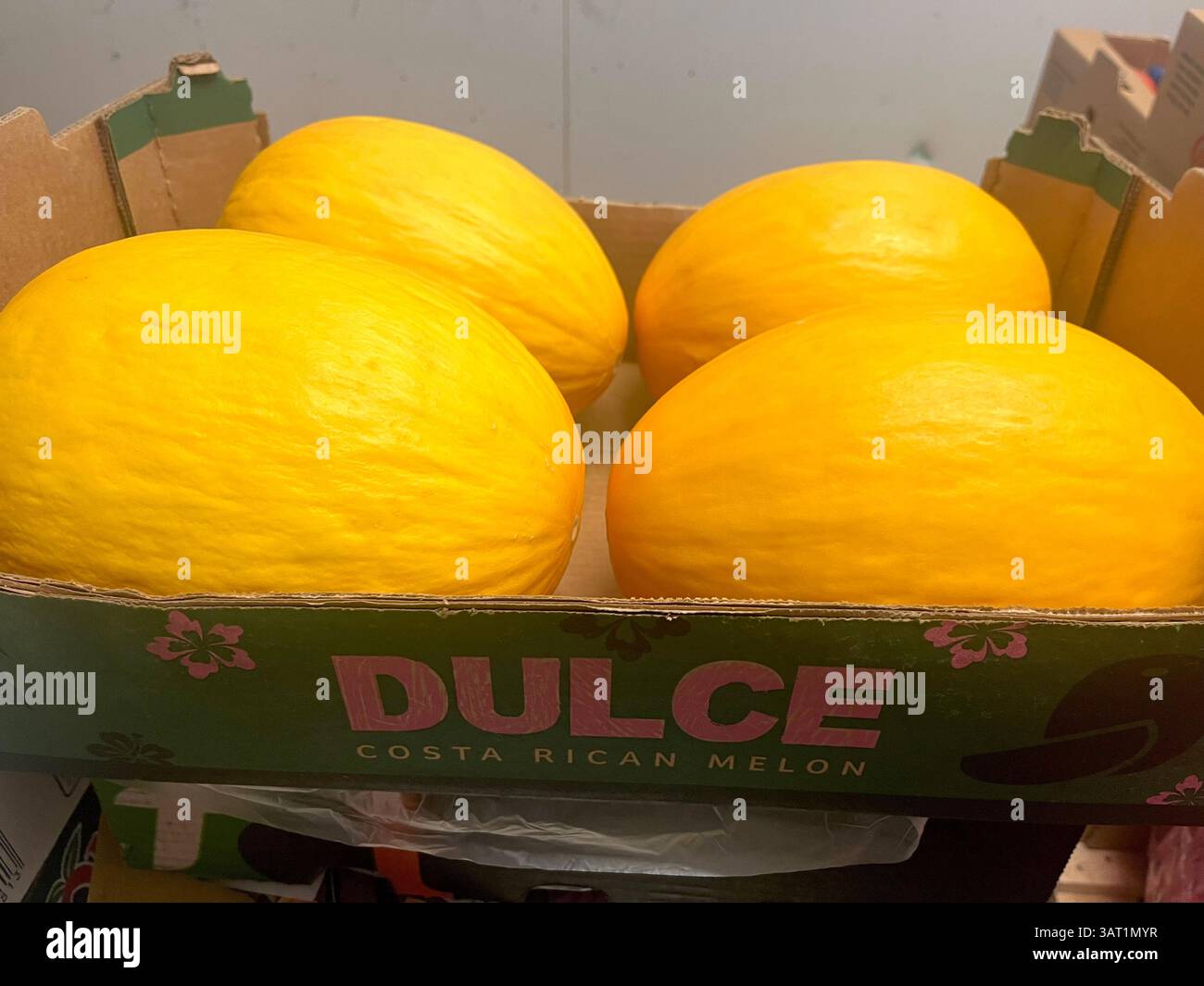 Dulce melons from Costa Rica packed in a cardboard crate, ready for ...