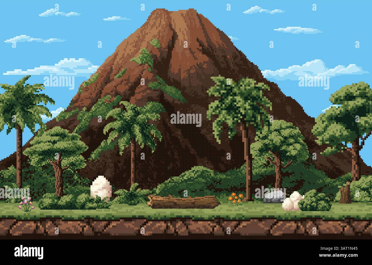 8 bit pixel art game background with dinosaur eggs on a jungle landscape with palm trees, rocks ...