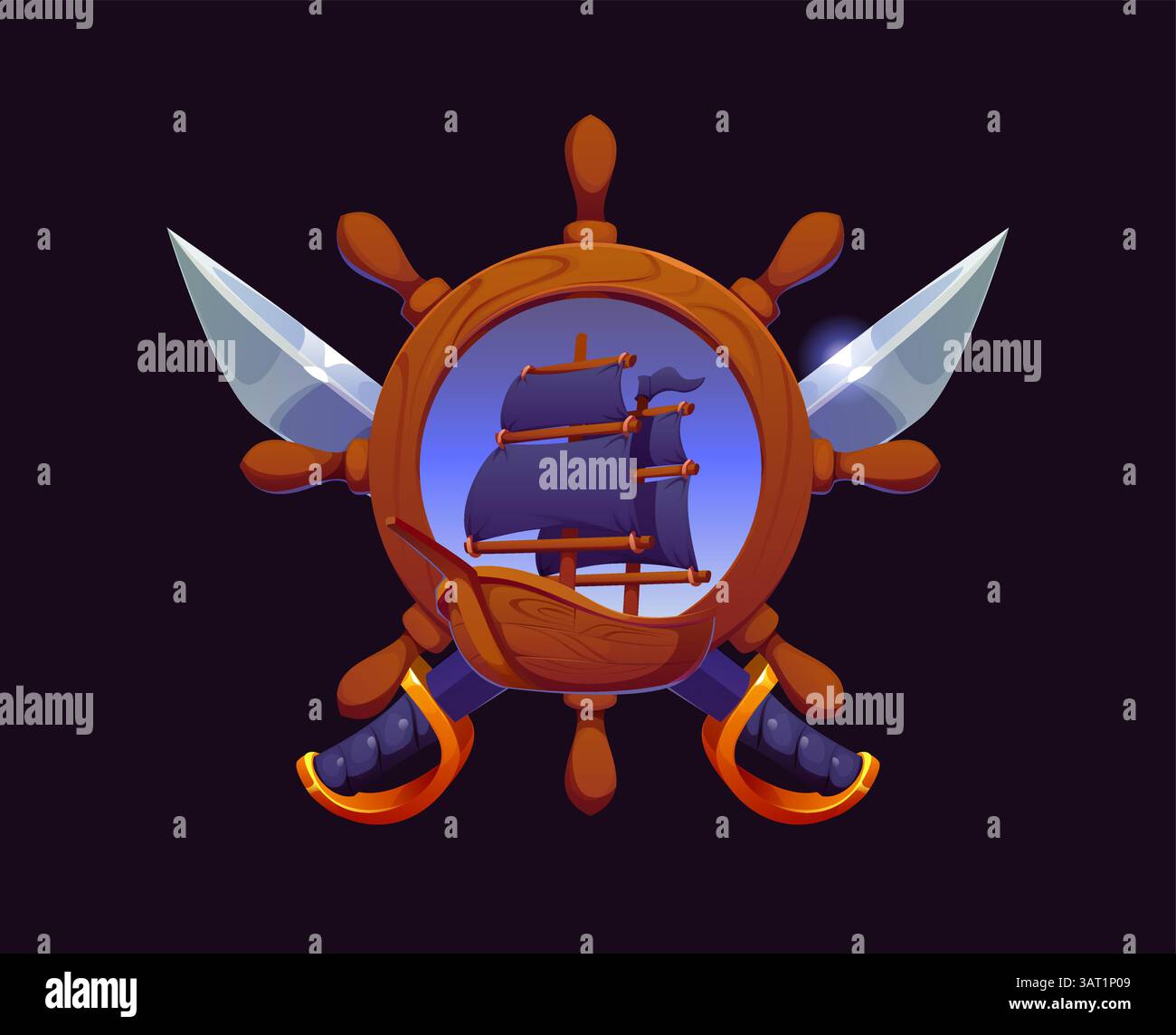 Heraldic pirate steering wheel with crossed sabres and sail ship ...