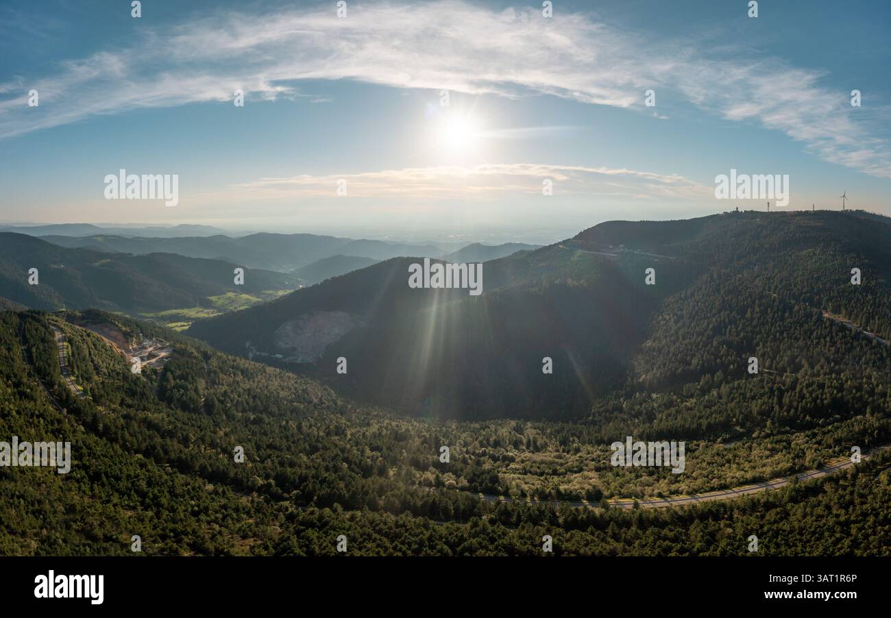 Sunset panorama, drone aerial view, with the Black Forest, in Seebach ...