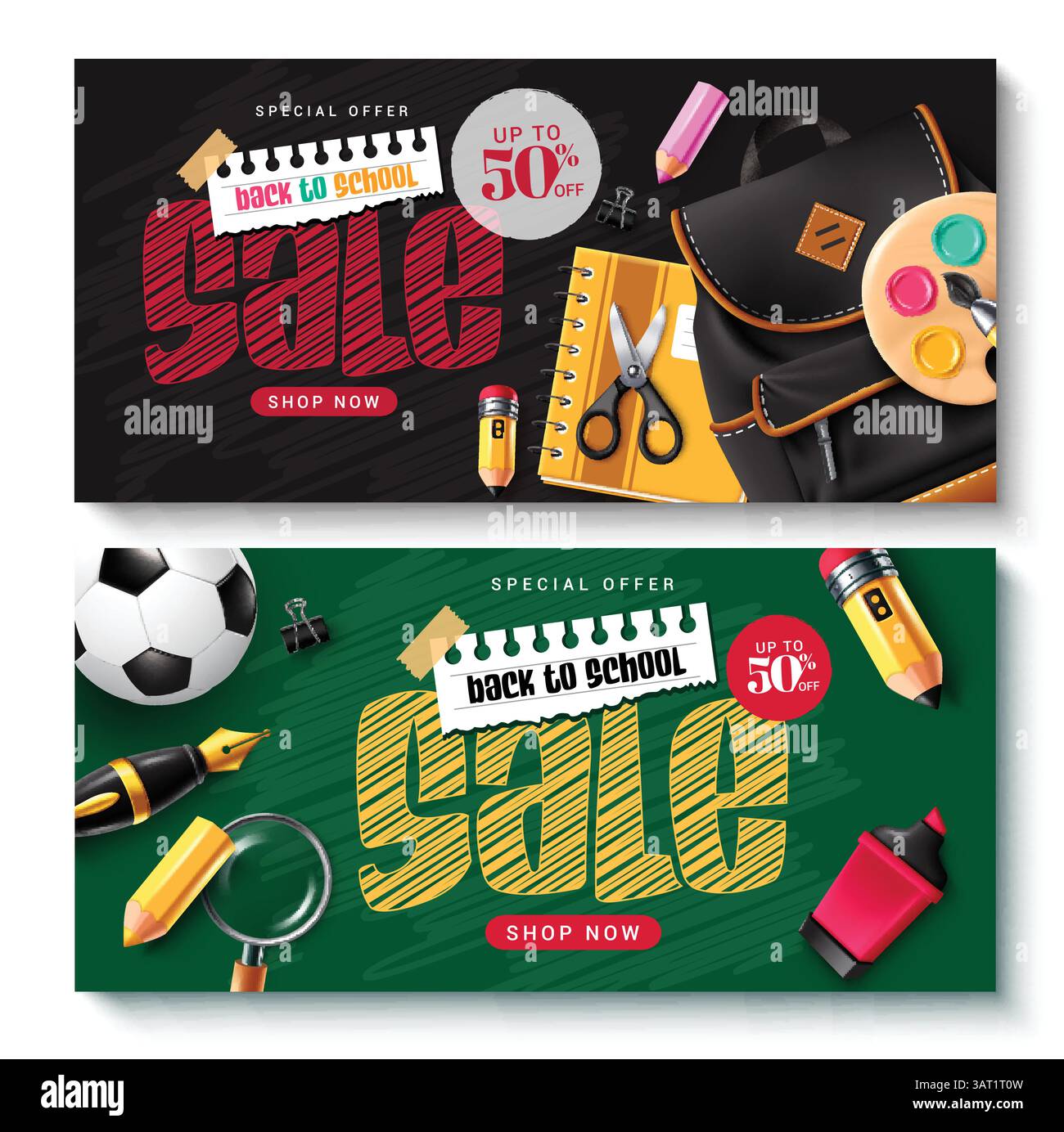 Back to school sale clipart banner set design. School educational 50% ...
