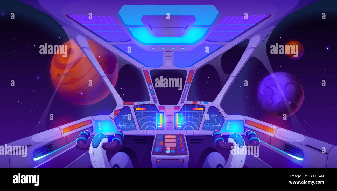 Spaceship cockpit interior, control panel dashboard with glowing buttons and panoramic space ...