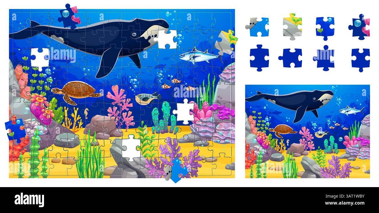 Jigsaw puzzle quiz game pieces, underwater landscape with sea animals ...