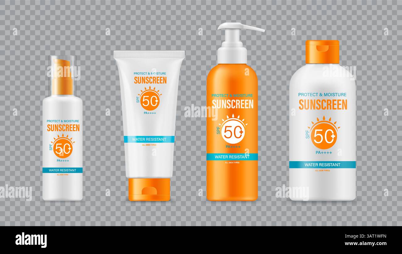 Sunscreen cosmetic products 3d vector packaging mockups. Set of ...