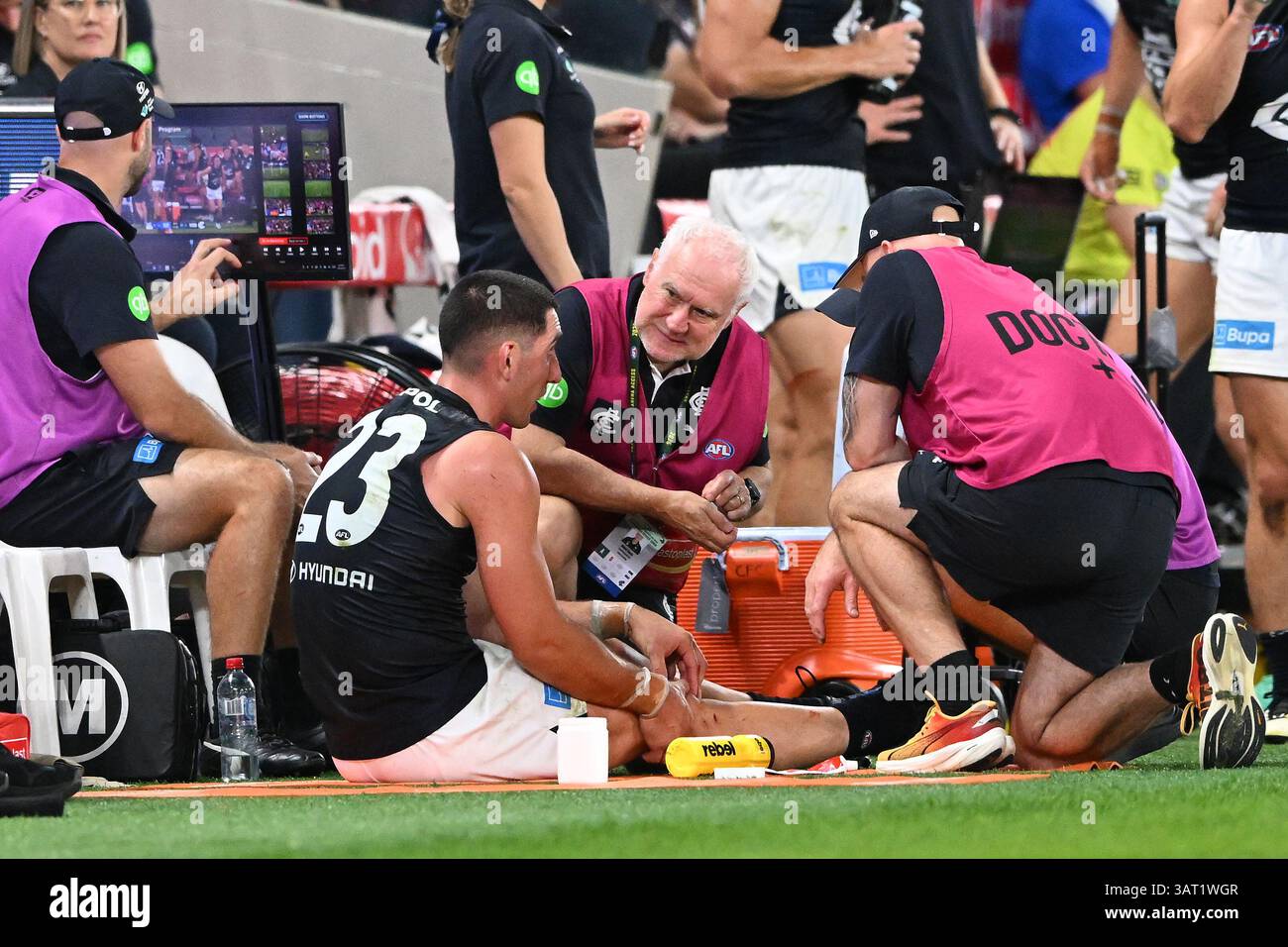 Melbourne, Australia. 18th Apr, 2025. Jacob Weitering of Carlton is seen along the interchange ...