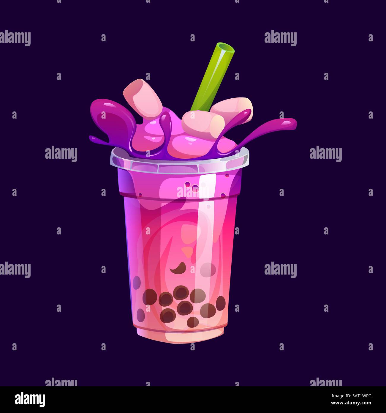 Cartoon milk bubble tea glass. Vector vibrant purple and pink drink ...