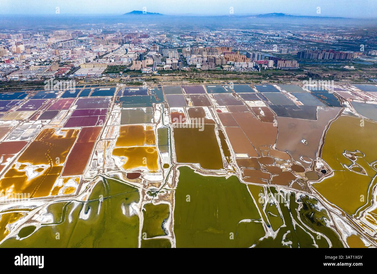 Aerial photo shows the colorful salt lake in Yuncheng City, north China ...