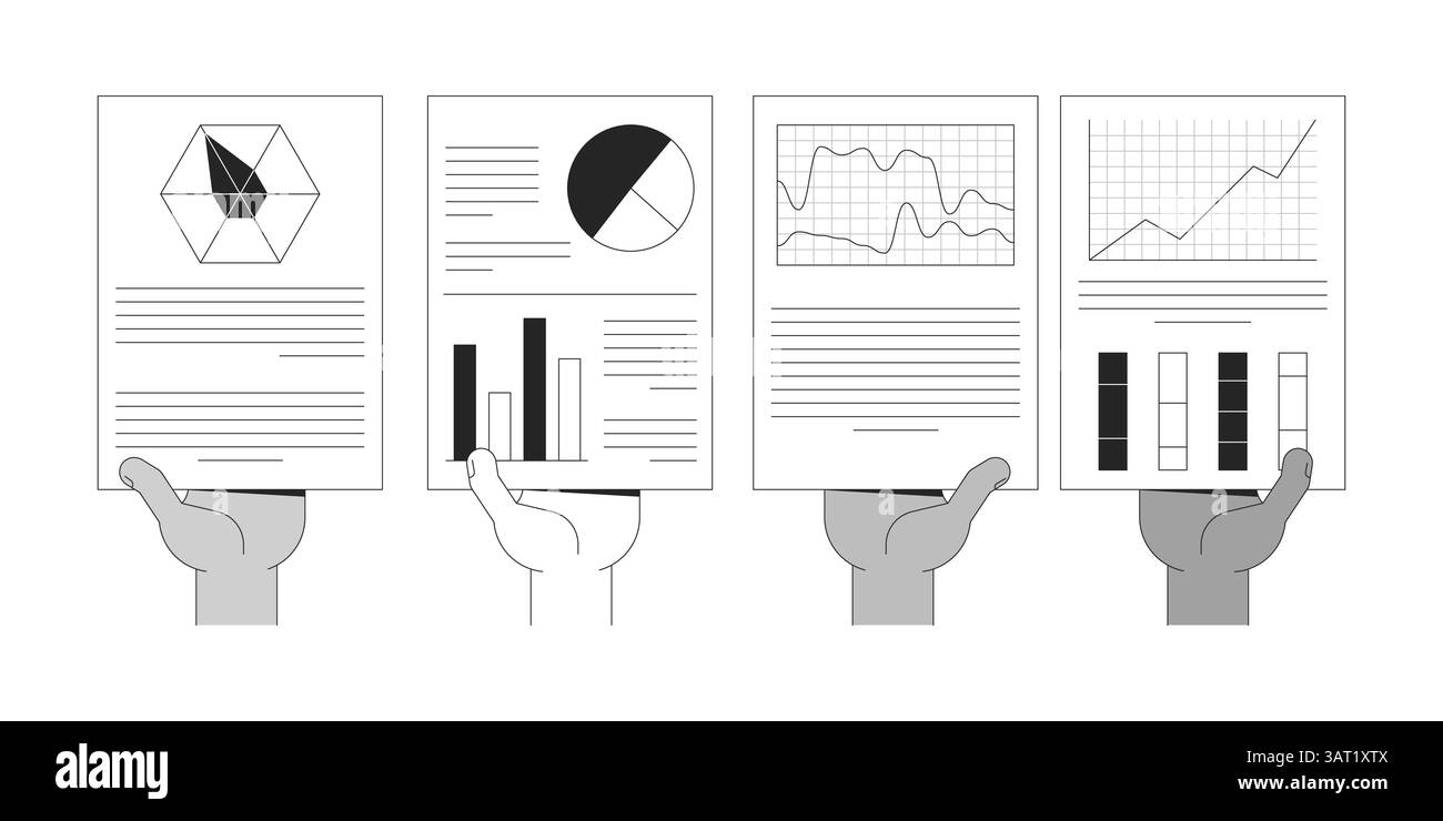 Diverse hands holding business reports paperwork line illustration ...