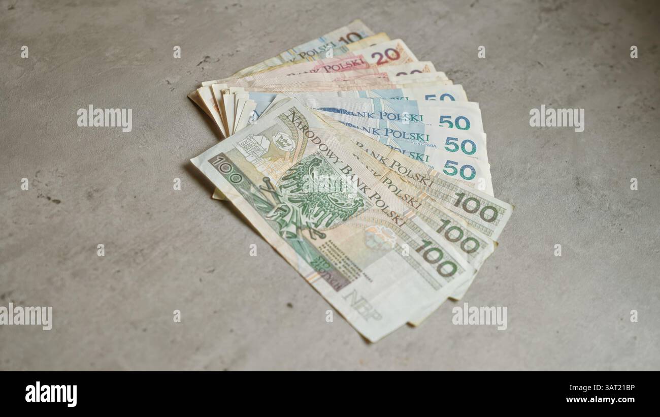 Polish banknotes in various denominations laid out neatly on a concrete ...