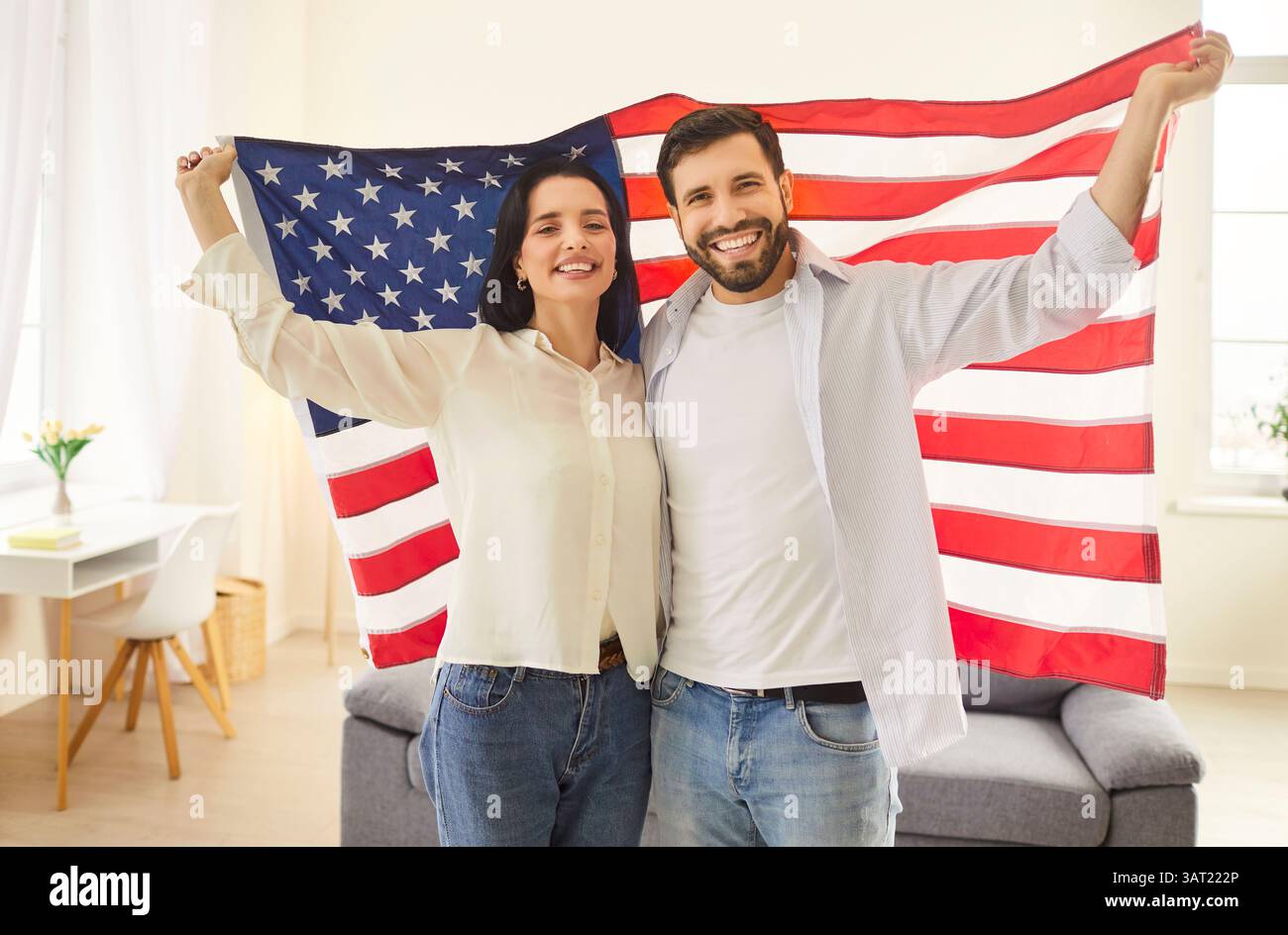 Happy smiling American people showing love country, patriotic couple ...