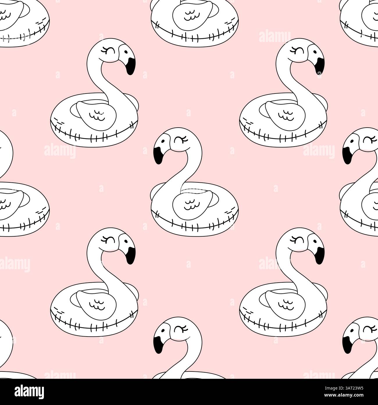 Black and white repeating flamingo pool float design in cartoon sketch ...