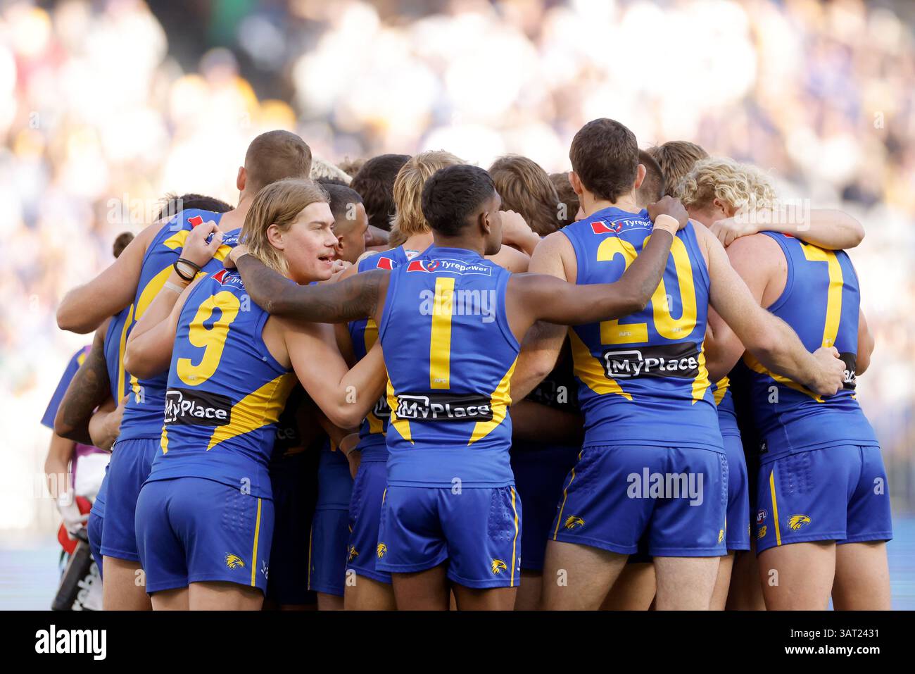Perth, Australia. 18th Apr, 2025. The Eagles huddles before the AFL ...