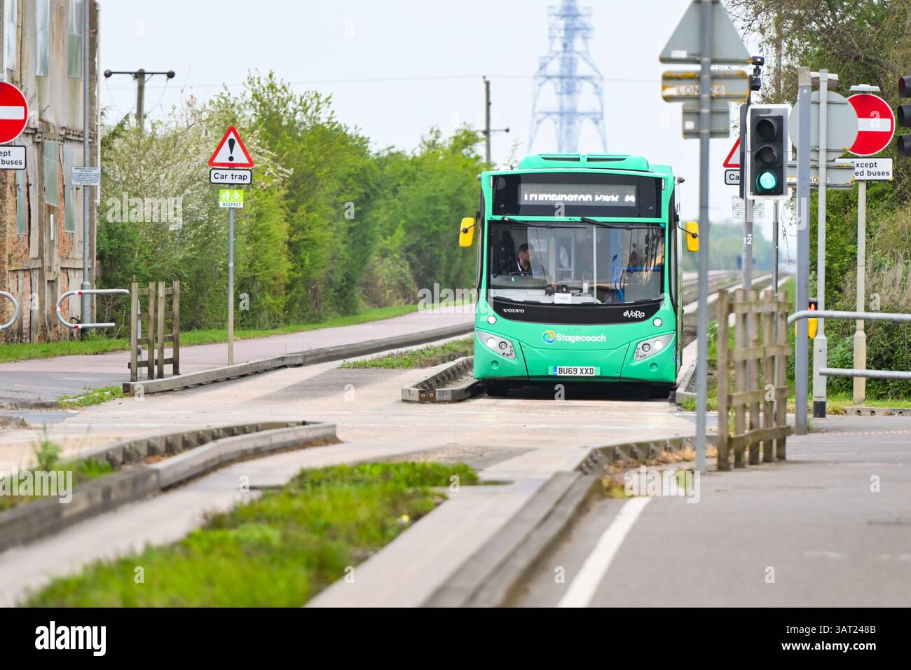 Northstowe Cambridge England UK, 18 April 2025. Single deck guided bus ...