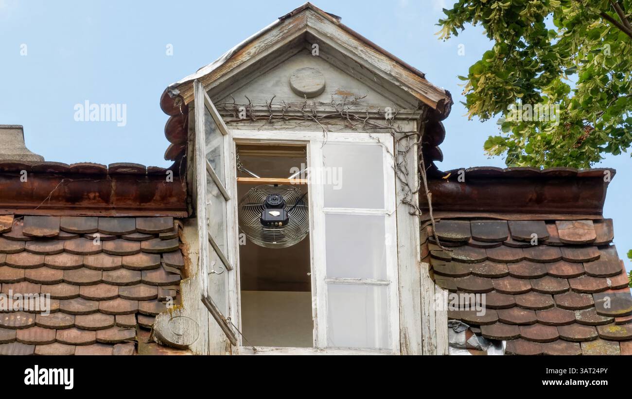 Rustic Attic Window with Open Shutters and Weathered Shingled Roof ...