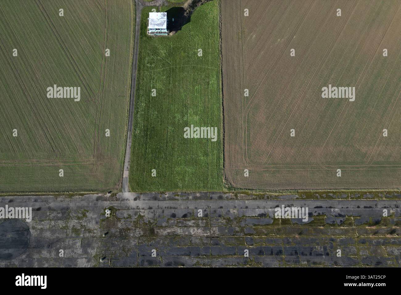 aerial view of RAF Wombleton control tower and main runway WW2 military ...