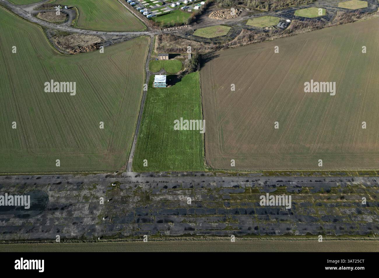 aerial view of RAF Wombleton control tower and main runway WW2 military ...