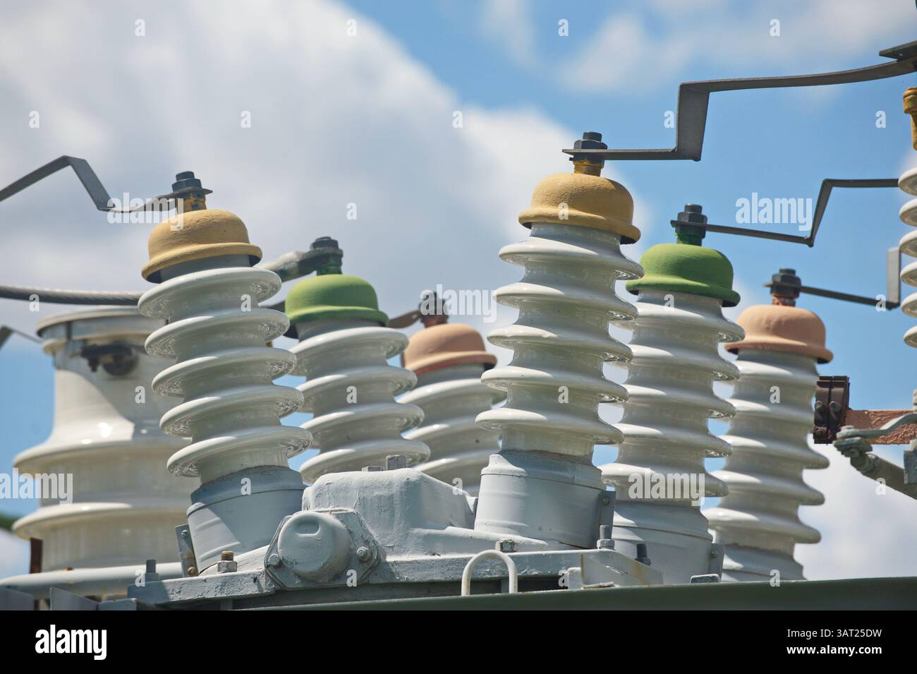 High-voltage power lines with insulators, stabilizers and transformers ...