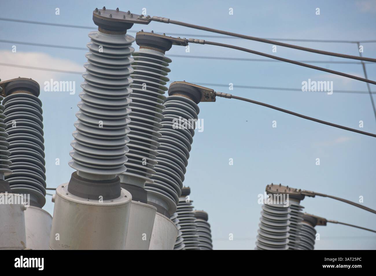 High-voltage power lines with insulators, stabilizers and transformers ...