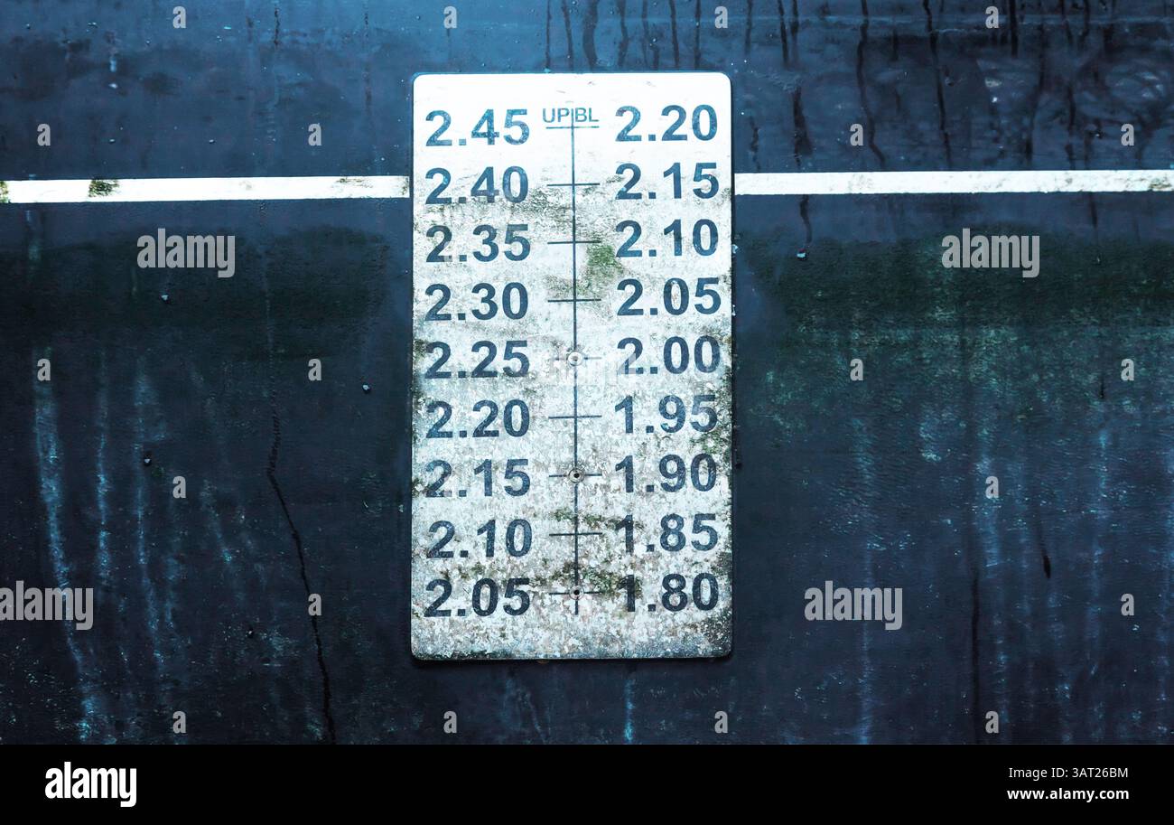 The waterline of the luxury yacht's hull with diving depth markings ...