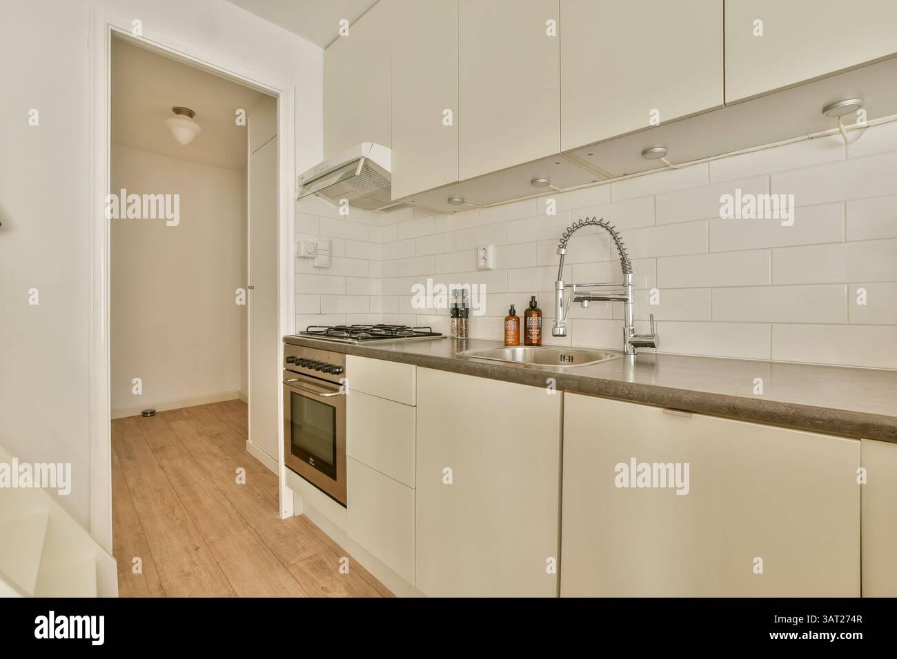 Featuring sleek cabinetry and a simple countertop, this kitchen ...